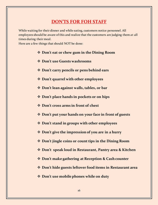 Foh staff training | DOCX | Bars & Restaurants | Attractions