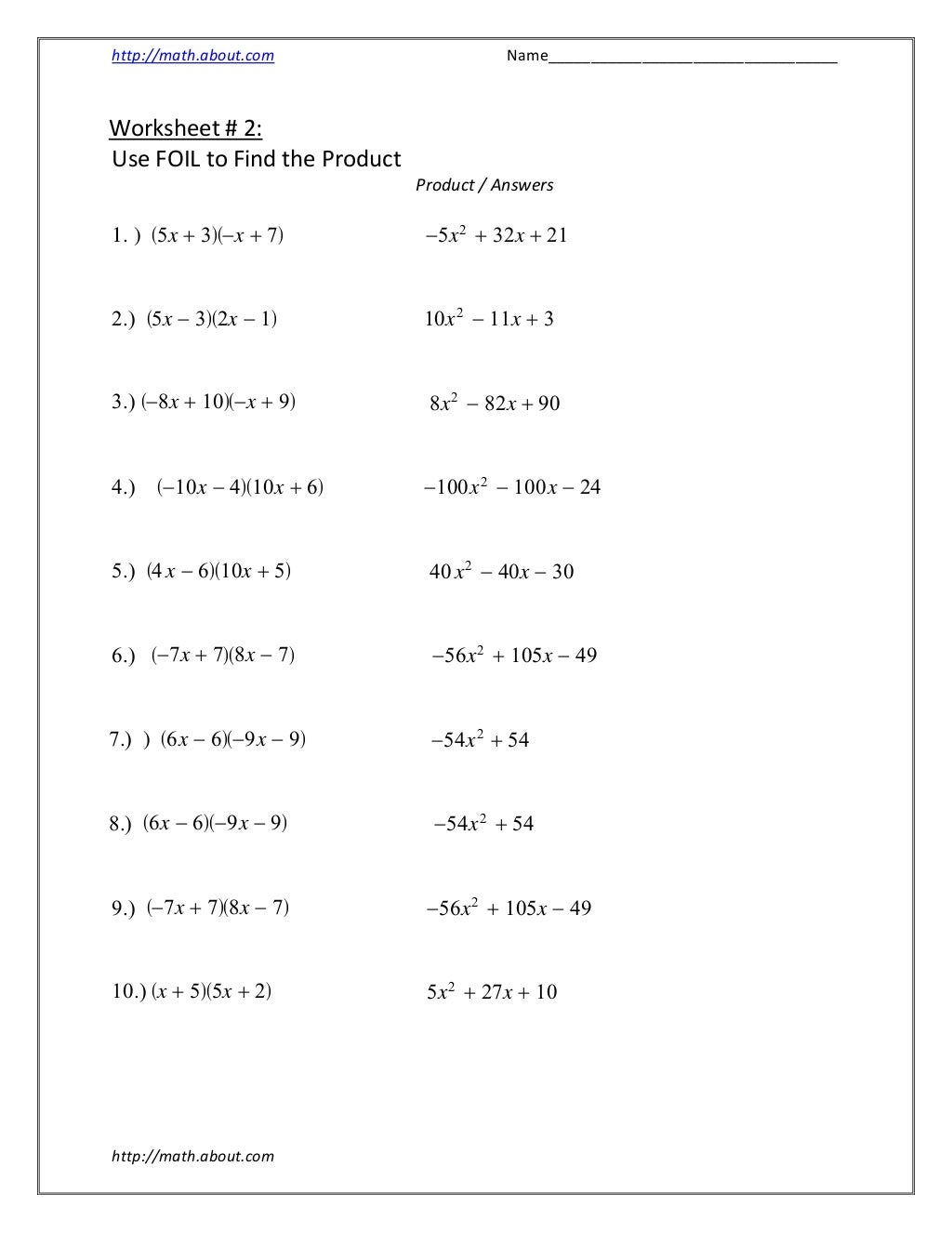 Foil Worksheets