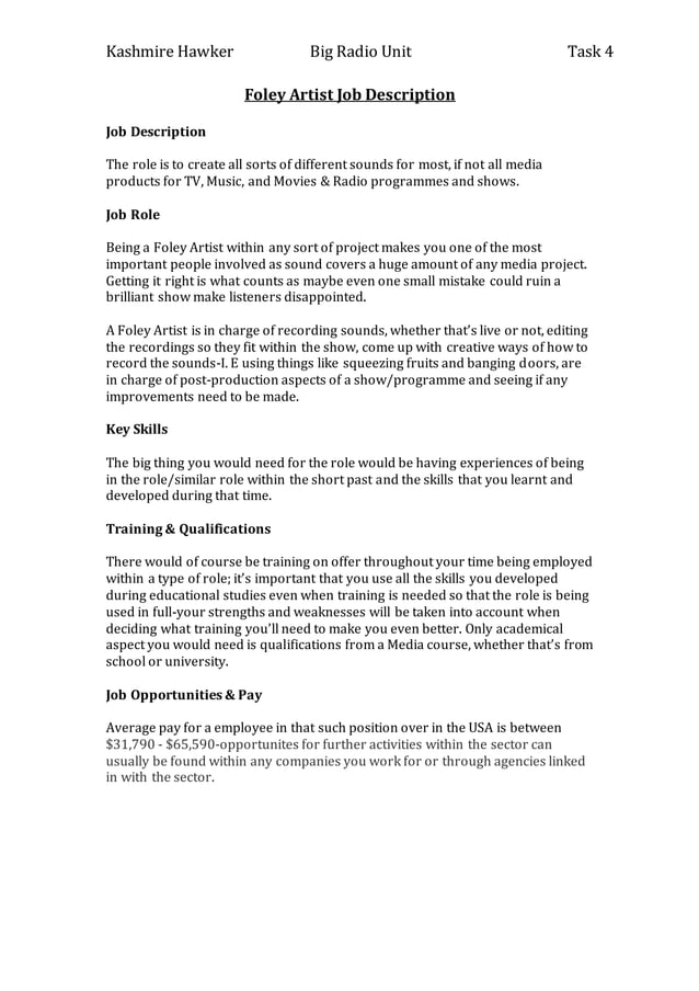 Foley Artist Job Description | DOCX