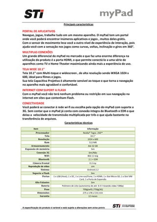 Folha de recuros Tablet sti My Pad