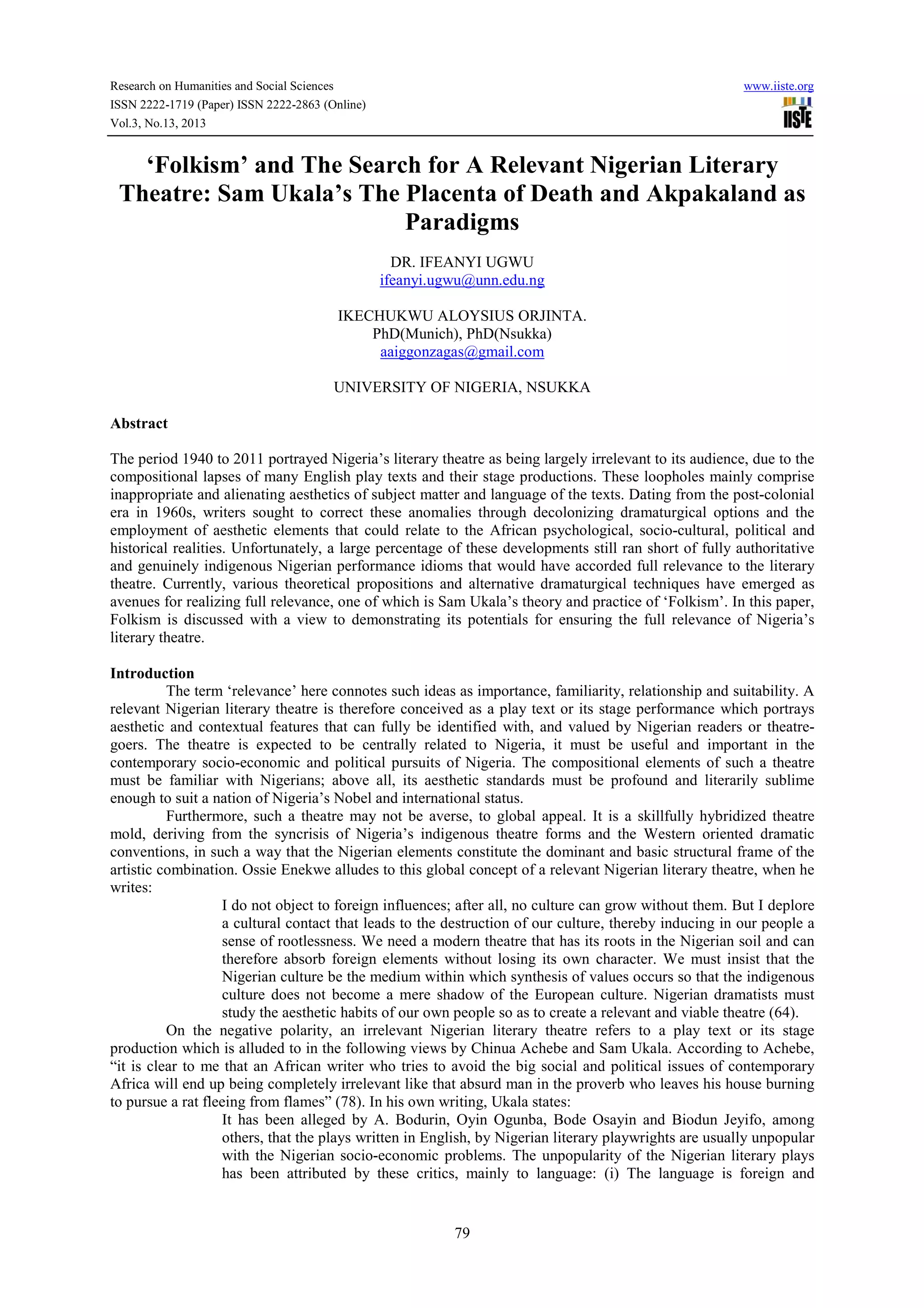 ‘Folkism’ and the search for a relevant nigerian literary theatre sam ...