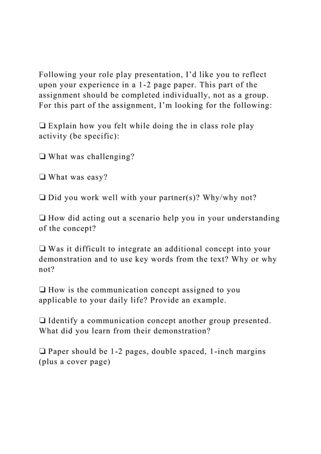 Following your role play presentation, I’d like you to reflect u.docx ...