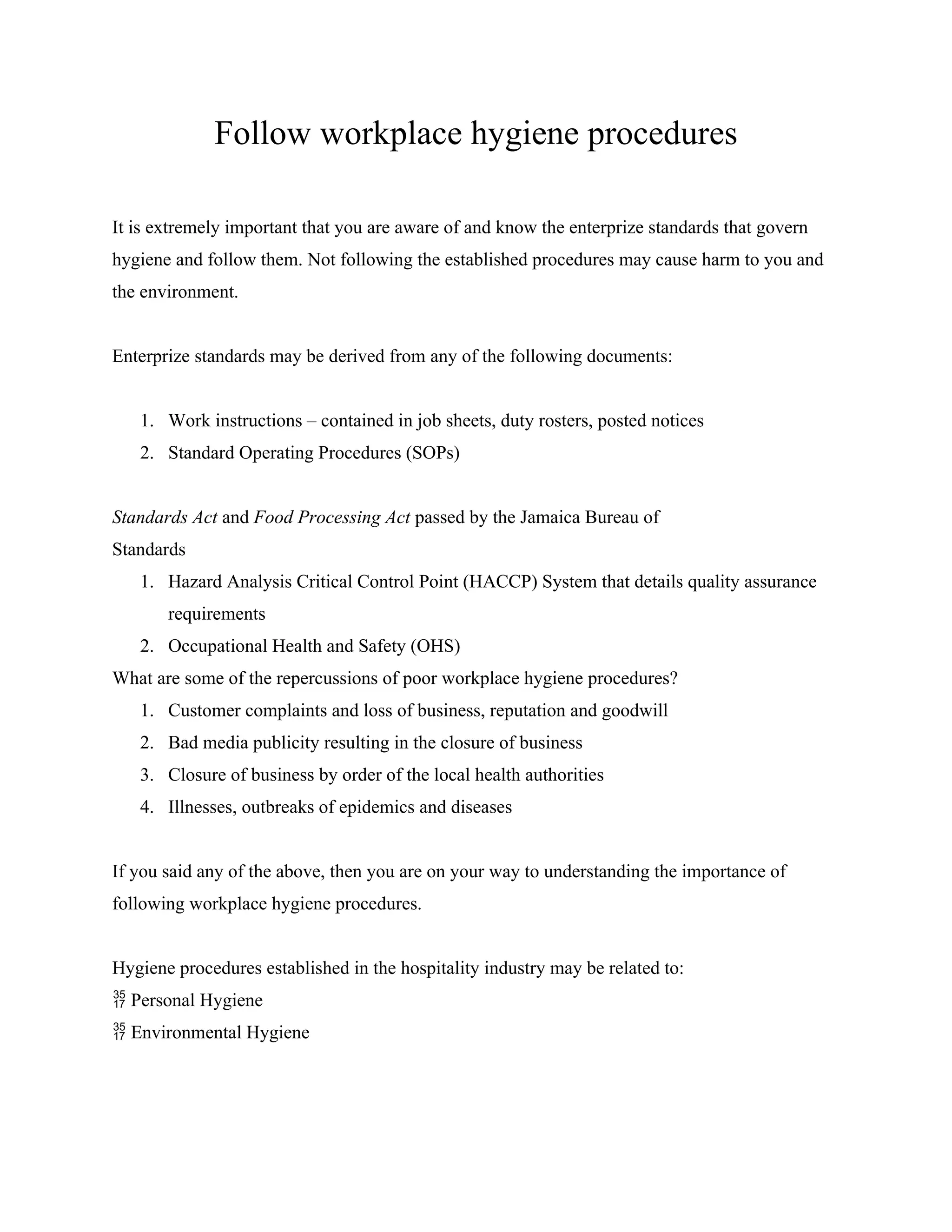 Follow workplace hygiene procedures to follow | DOC