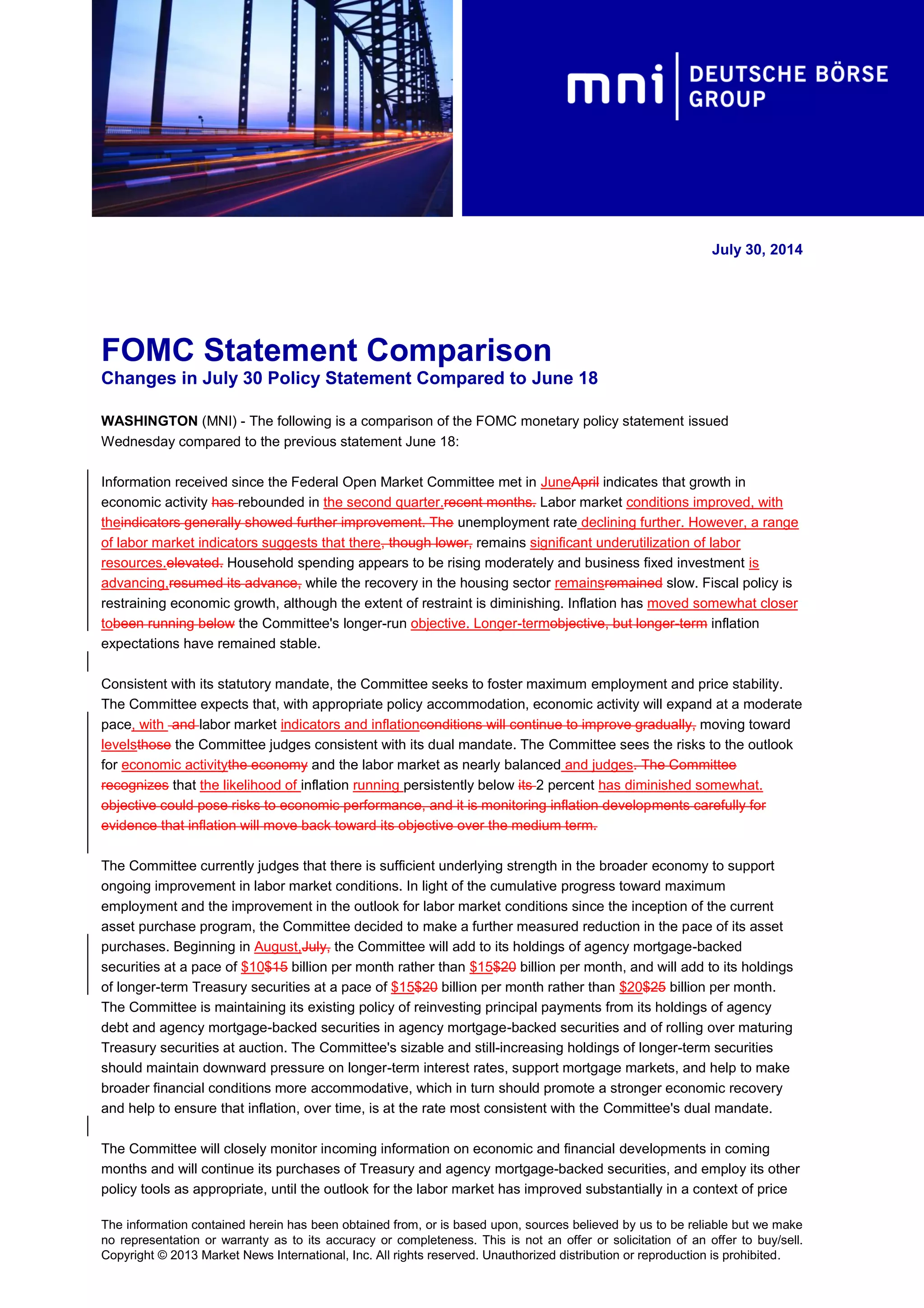 Fomc statement comparison july 30 vs june 18 | PDF | Business Accounting & Finance | Business