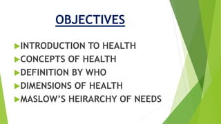 Health,concepts,dimensions and maslows hierarchy of needs. | PPTX