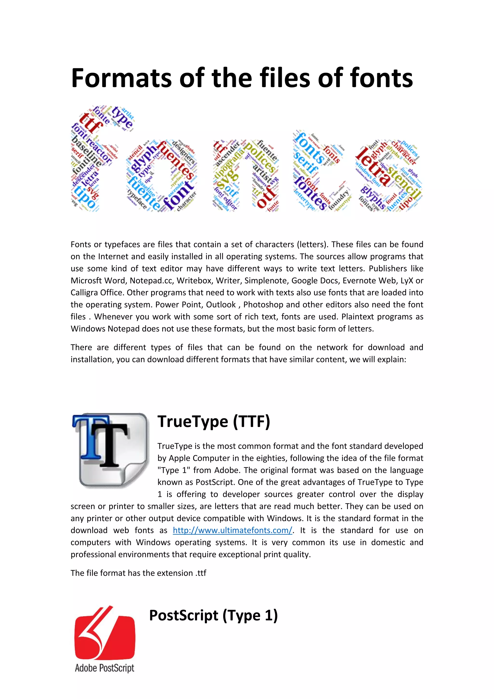 Font file formats: TrueType (TTF), PostScript y OpenType (OTF) | PDF