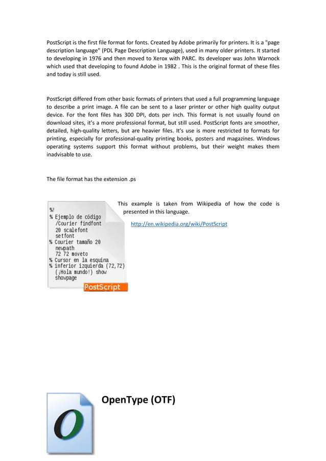 Font file formats: TrueType (TTF), PostScript y OpenType (OTF) | PDF