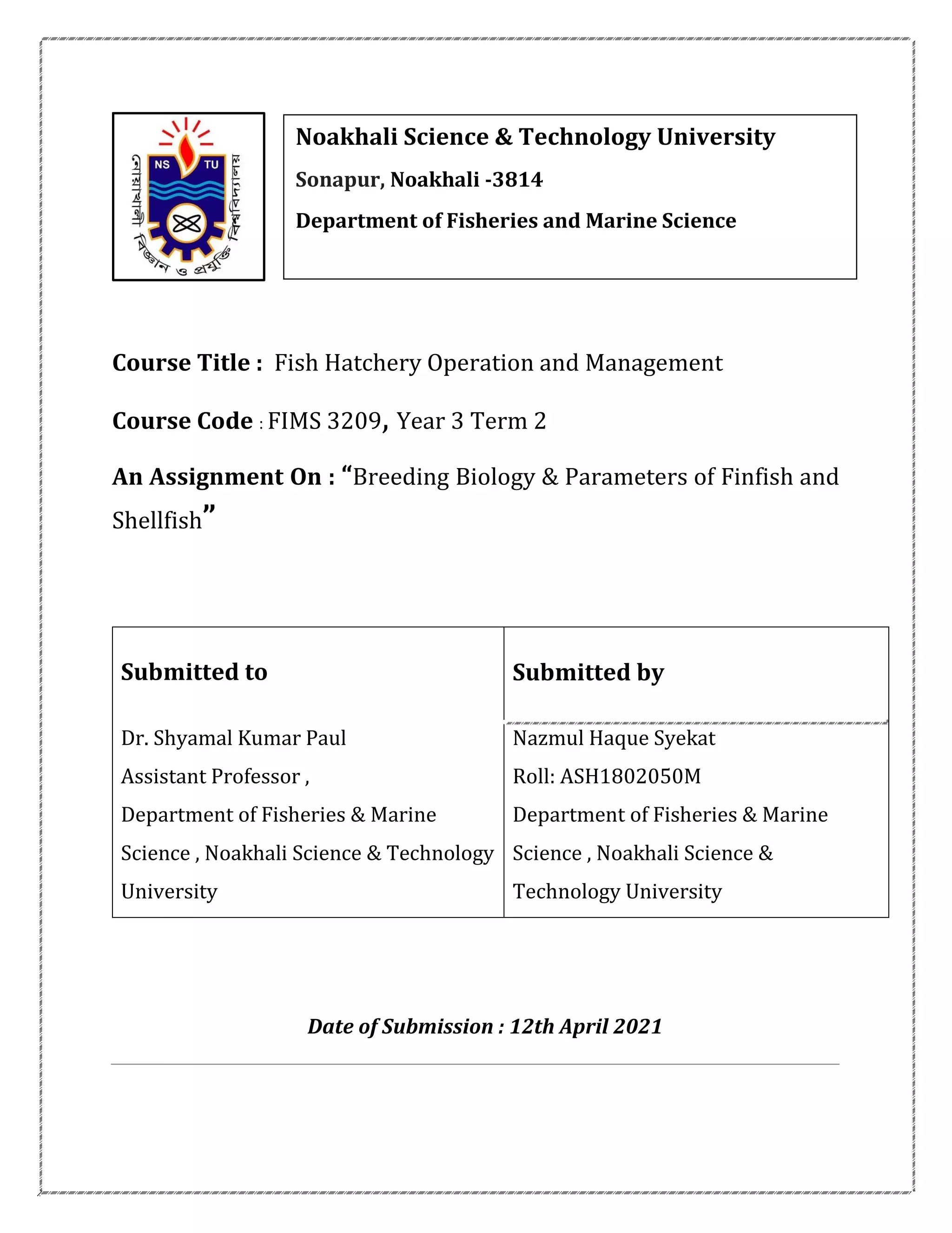 Breeding Biology & Parameters of Finfish and Shellfish by Syekat | PDF