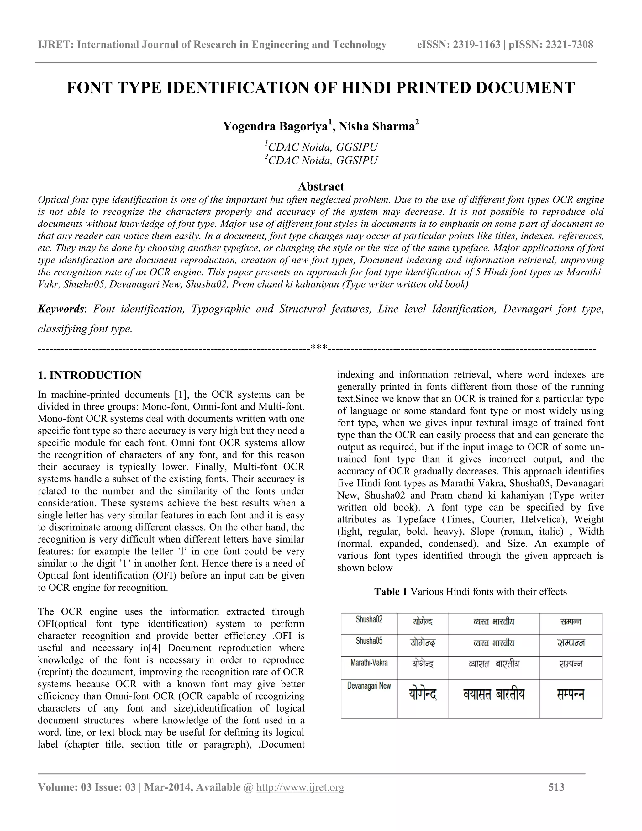 Font type identification of hindi printed document | PDF