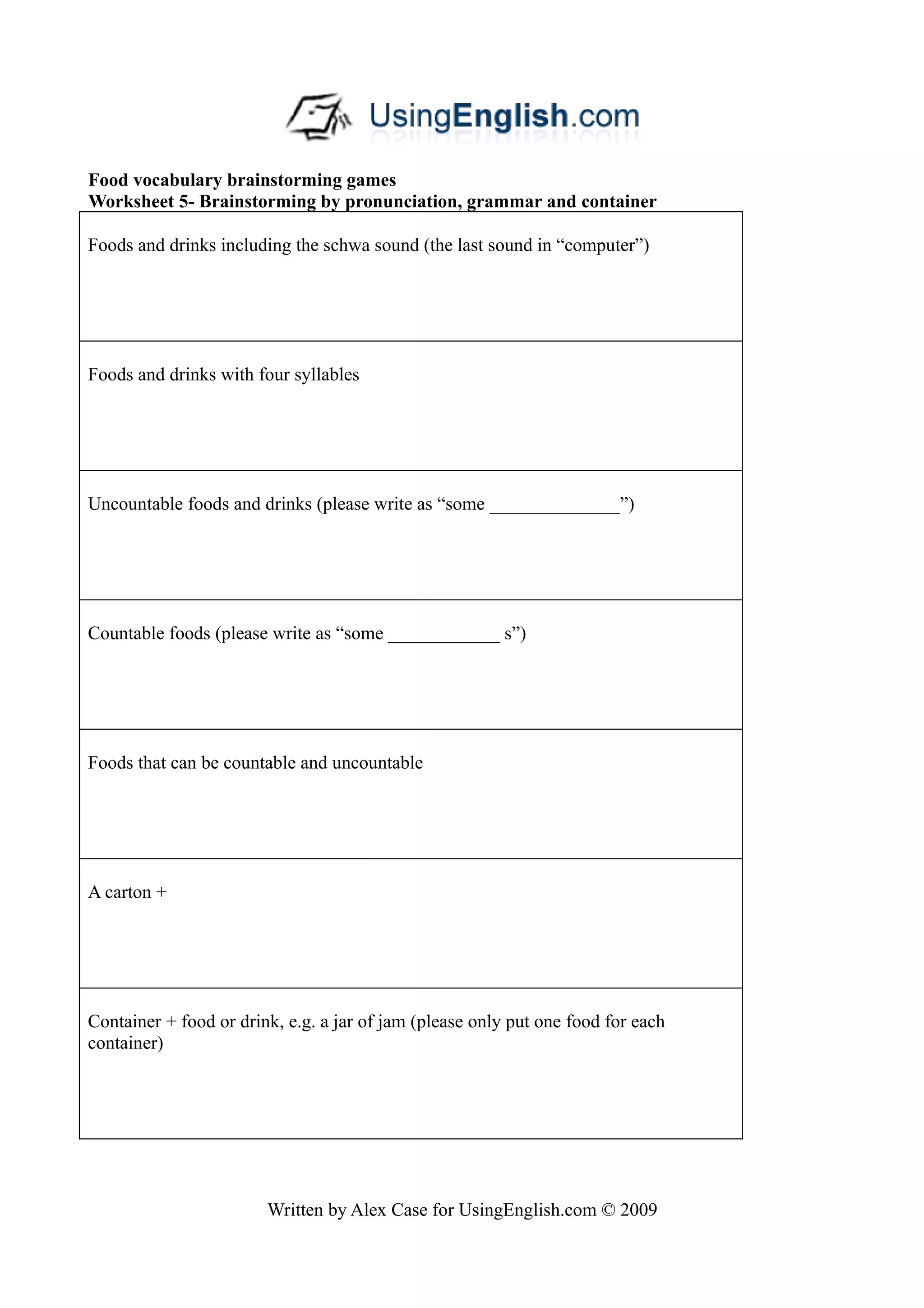 Food vocabulary-brainstorming-game | PDF
