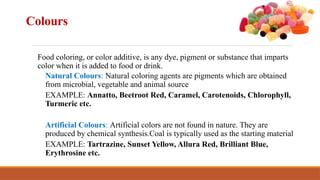 classifications of FOOD ADDITIVES and food colors | PPTX