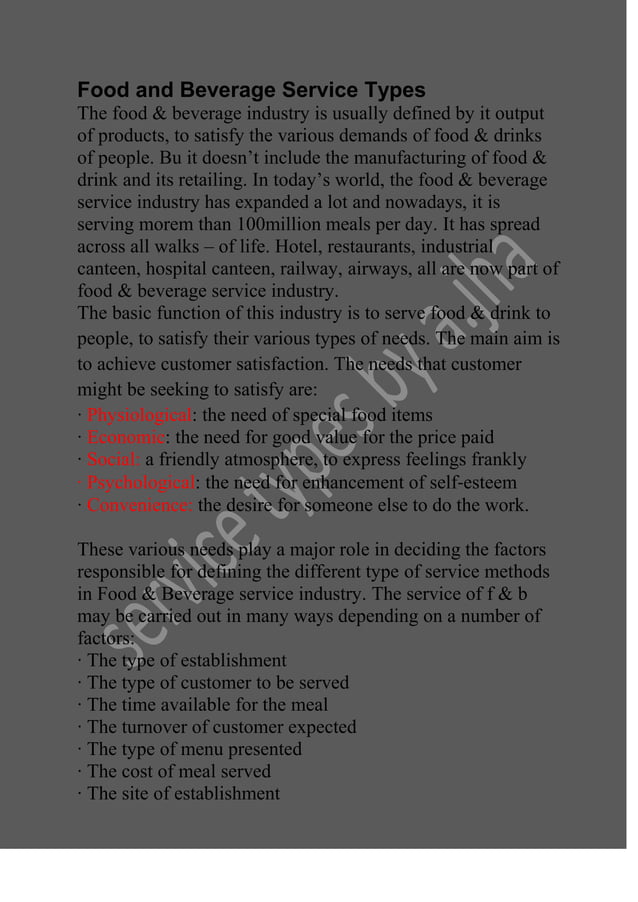 Food and beverage service types | DOCX | Dining Out | Food & Drink