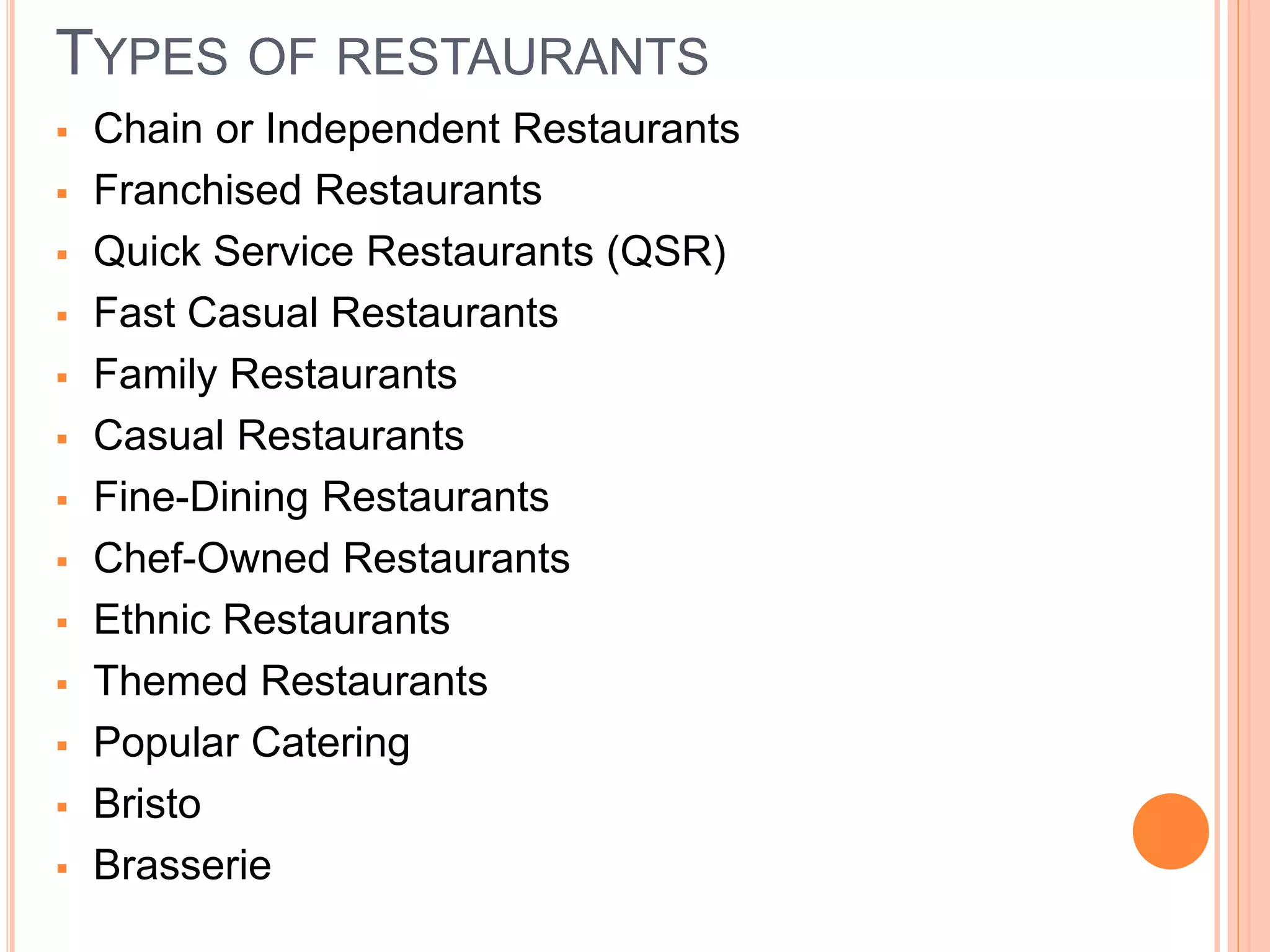 Food and beverages service assigment of examples of types of retaurants ...