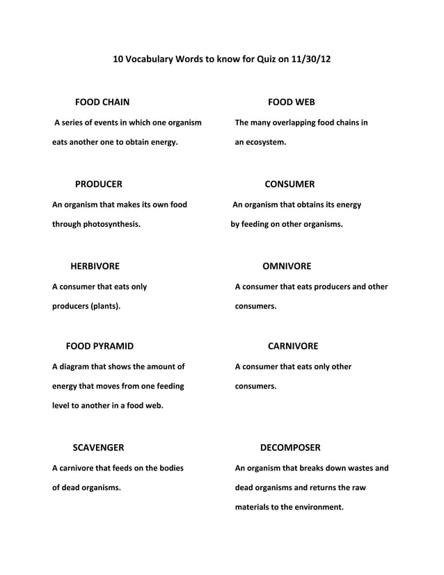 Food chain/Food web vocabulary words | DOCX