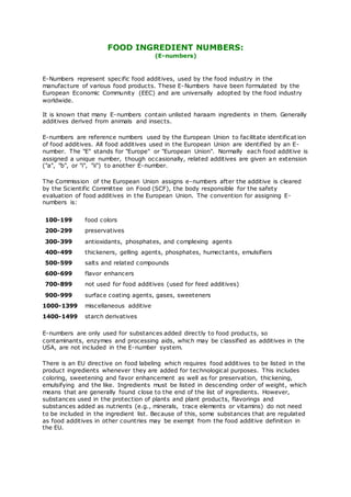 Food ingredient numbers | DOCX
