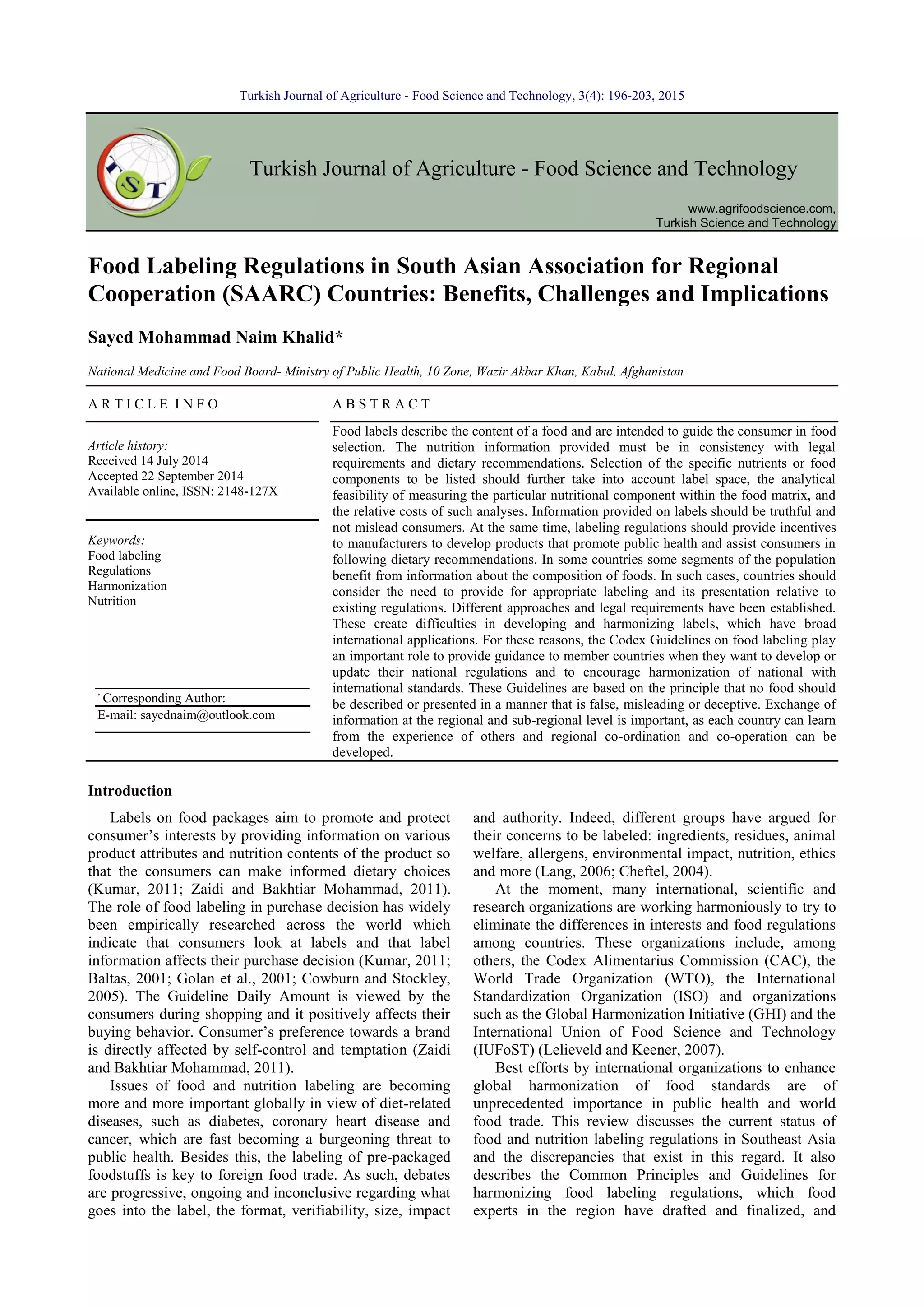 Food labeling regulations in saarc countries 2015 | PDF
