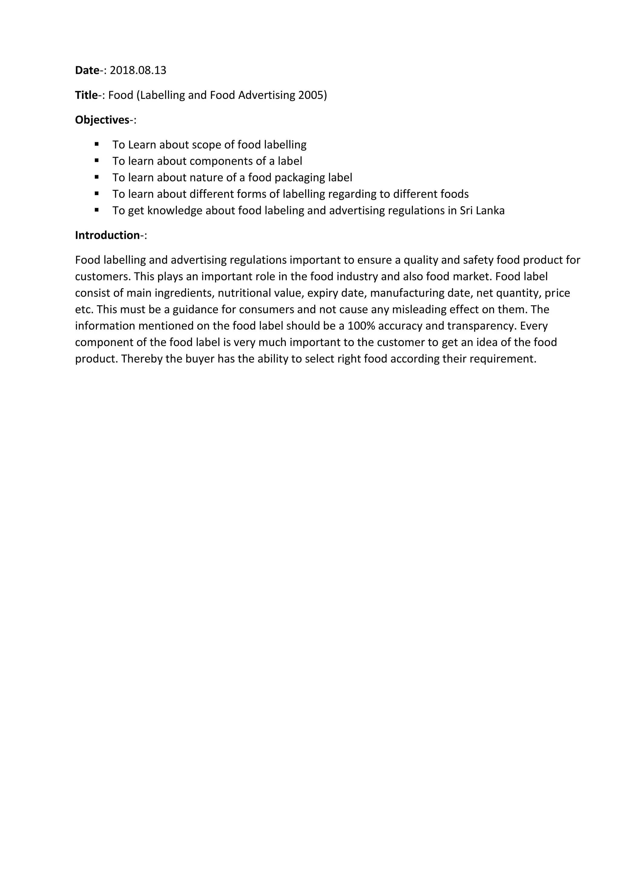 Food labelling and advertising regulations sri lanka | PDF