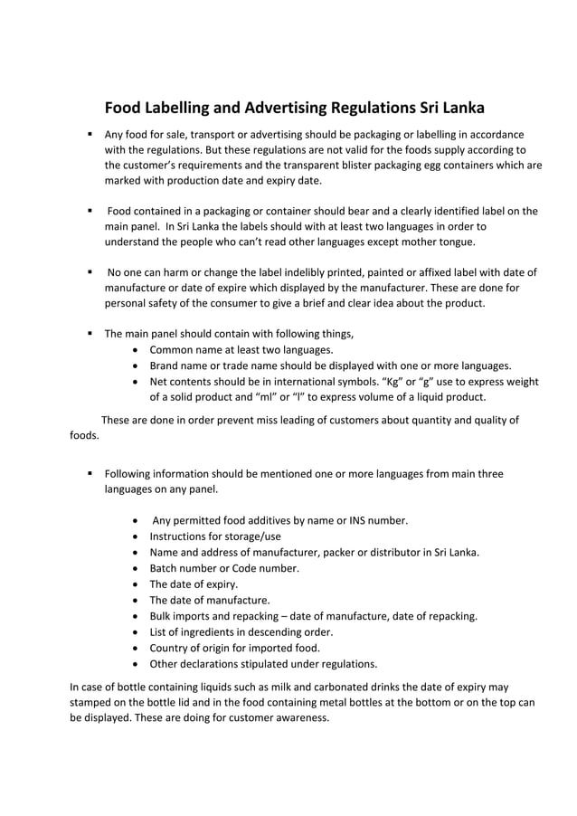 Food labelling and advertising regulations sri lanka | PDF