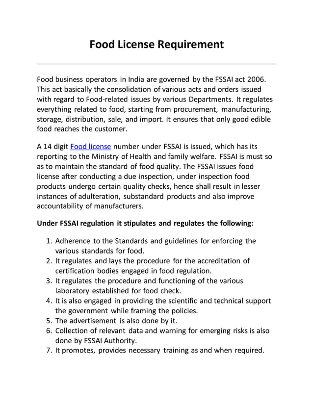 Food License Requirement | PDF