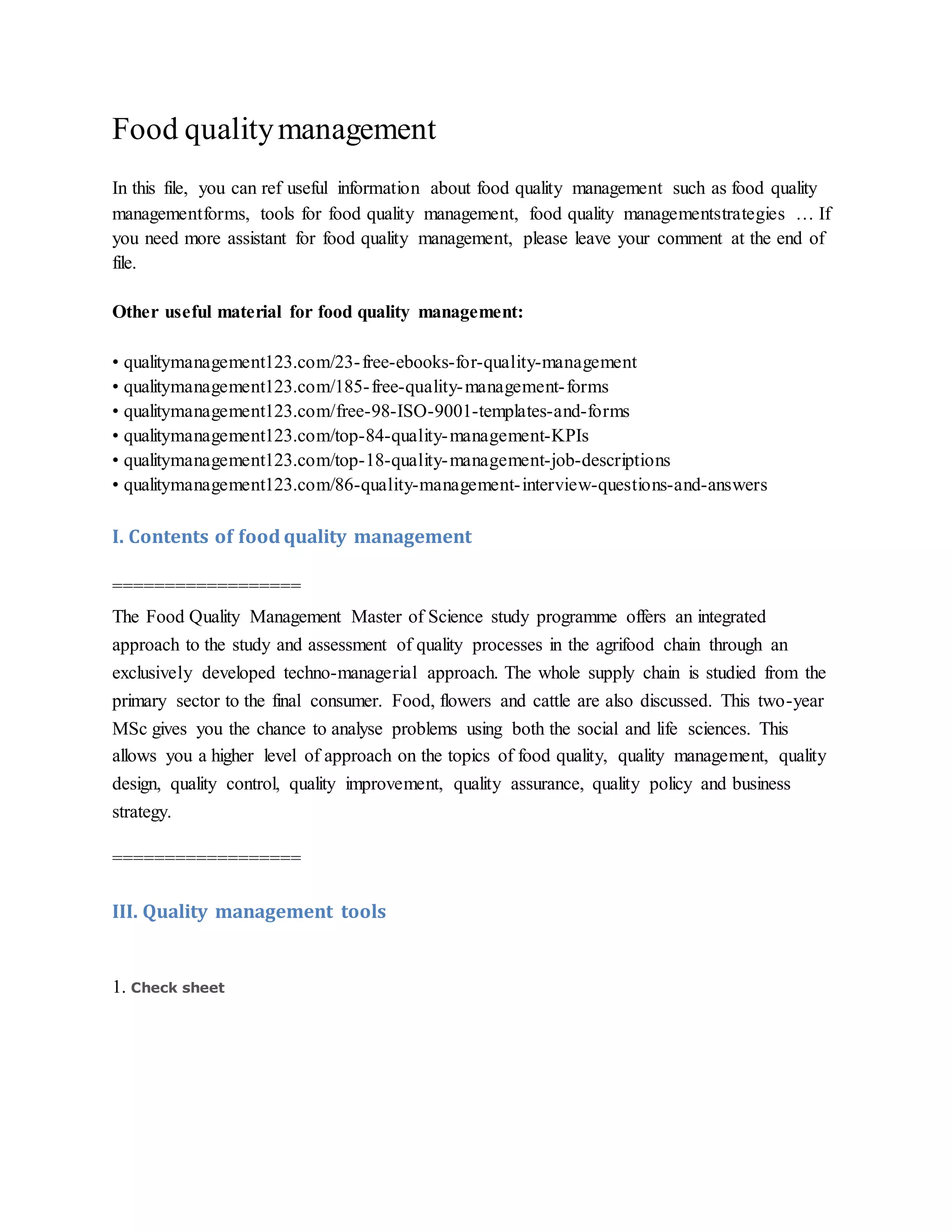Food quality management | DOCX
