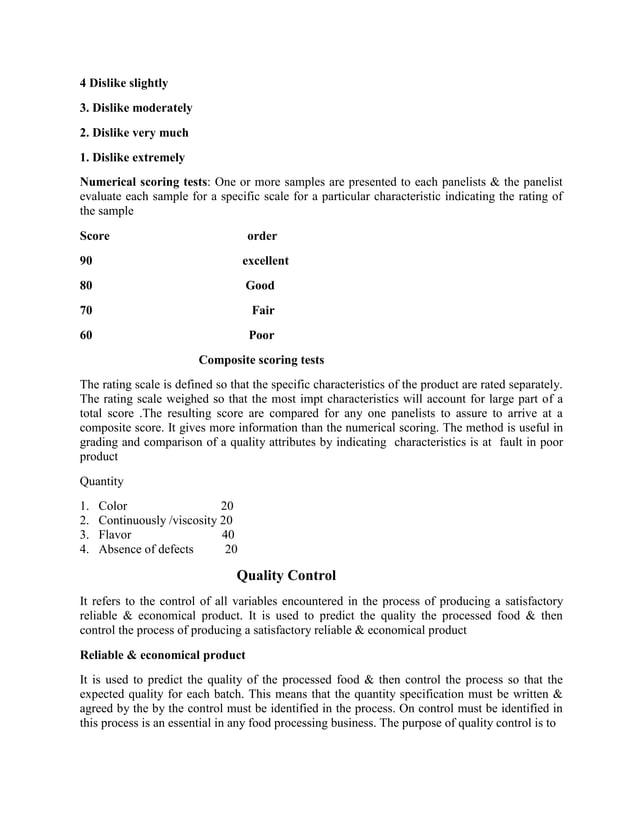 Food quality notes | DOCX | Food & Drink