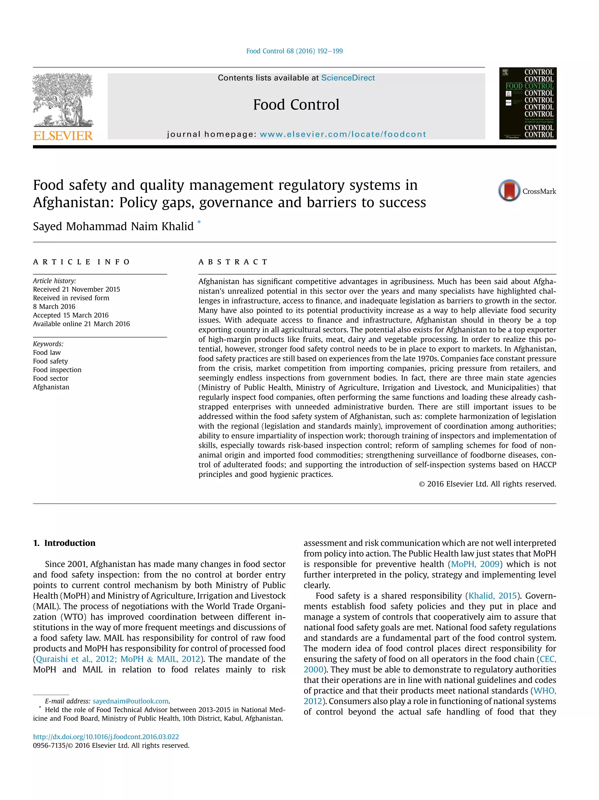 Food safety and quality management regulatory systems in afghanistan ...