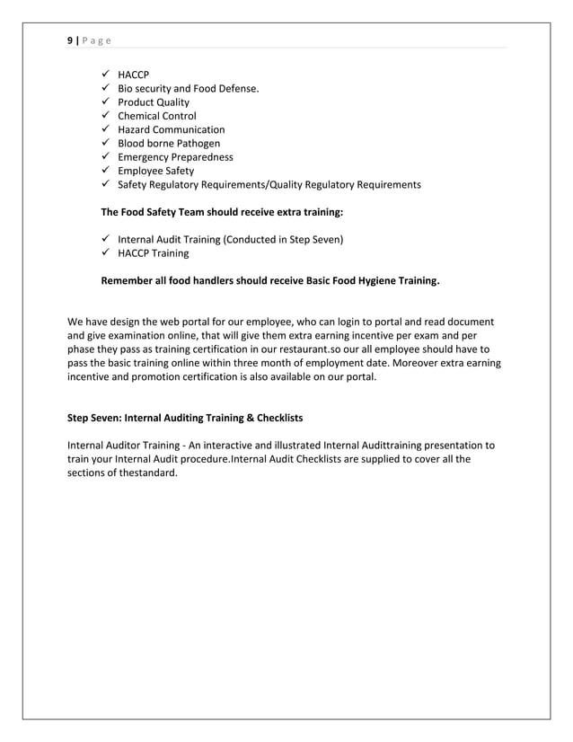 Food safety management system Fast food restaurent