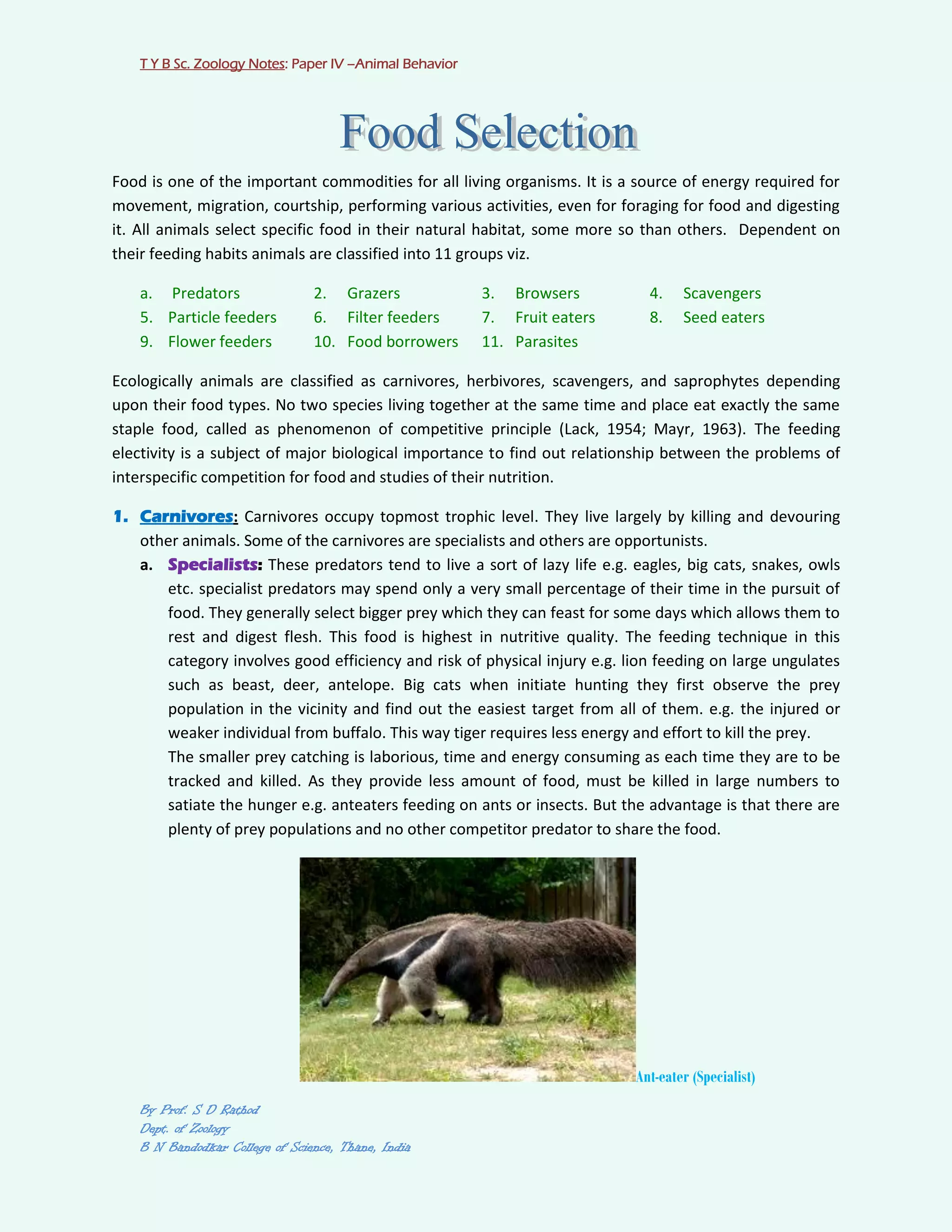 Animal Behavior: Food selection sudeshrathod | PDF