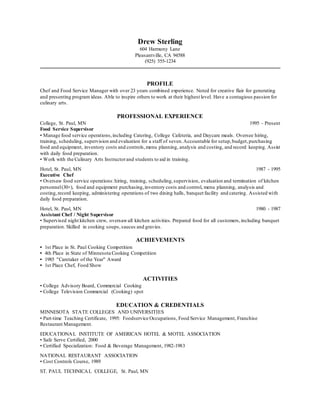 Food service supervisor, chef CV template | DOCX