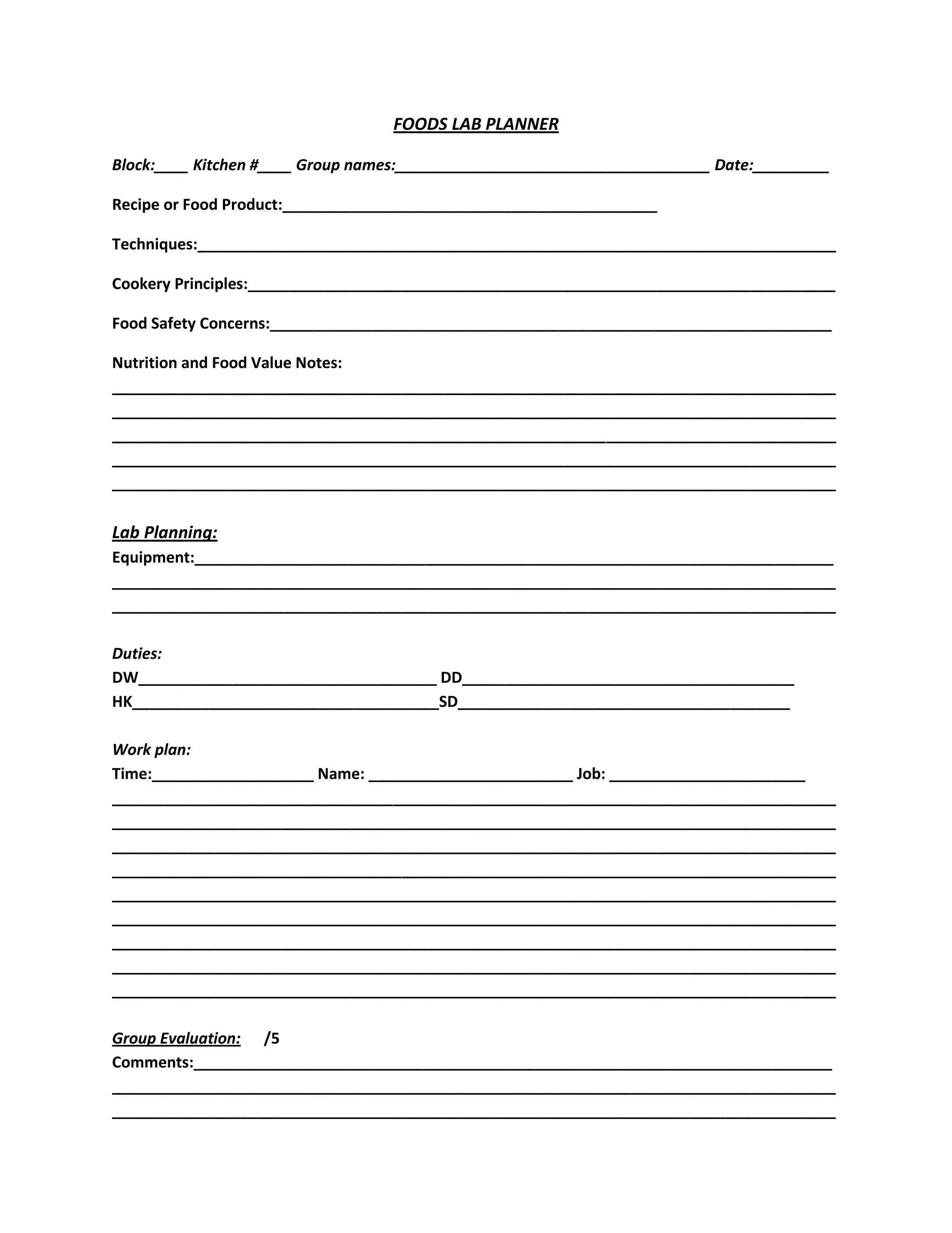 Foods Lab Planner | DOCX