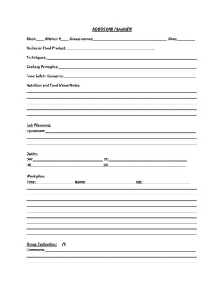 Foods Lab Planner | DOCX
