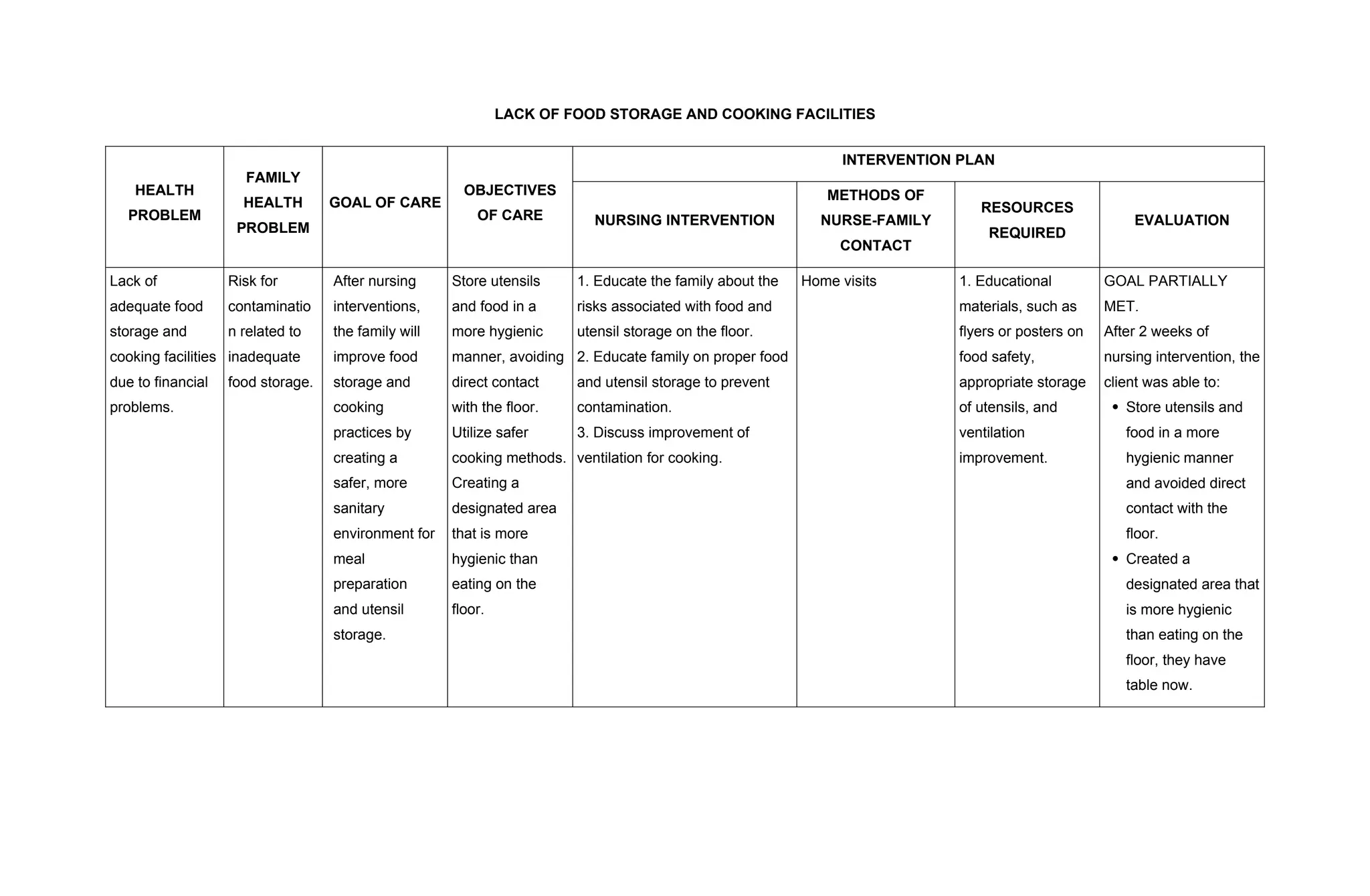 Food Storage Family Nursing Care Plan Copy | DOCX
