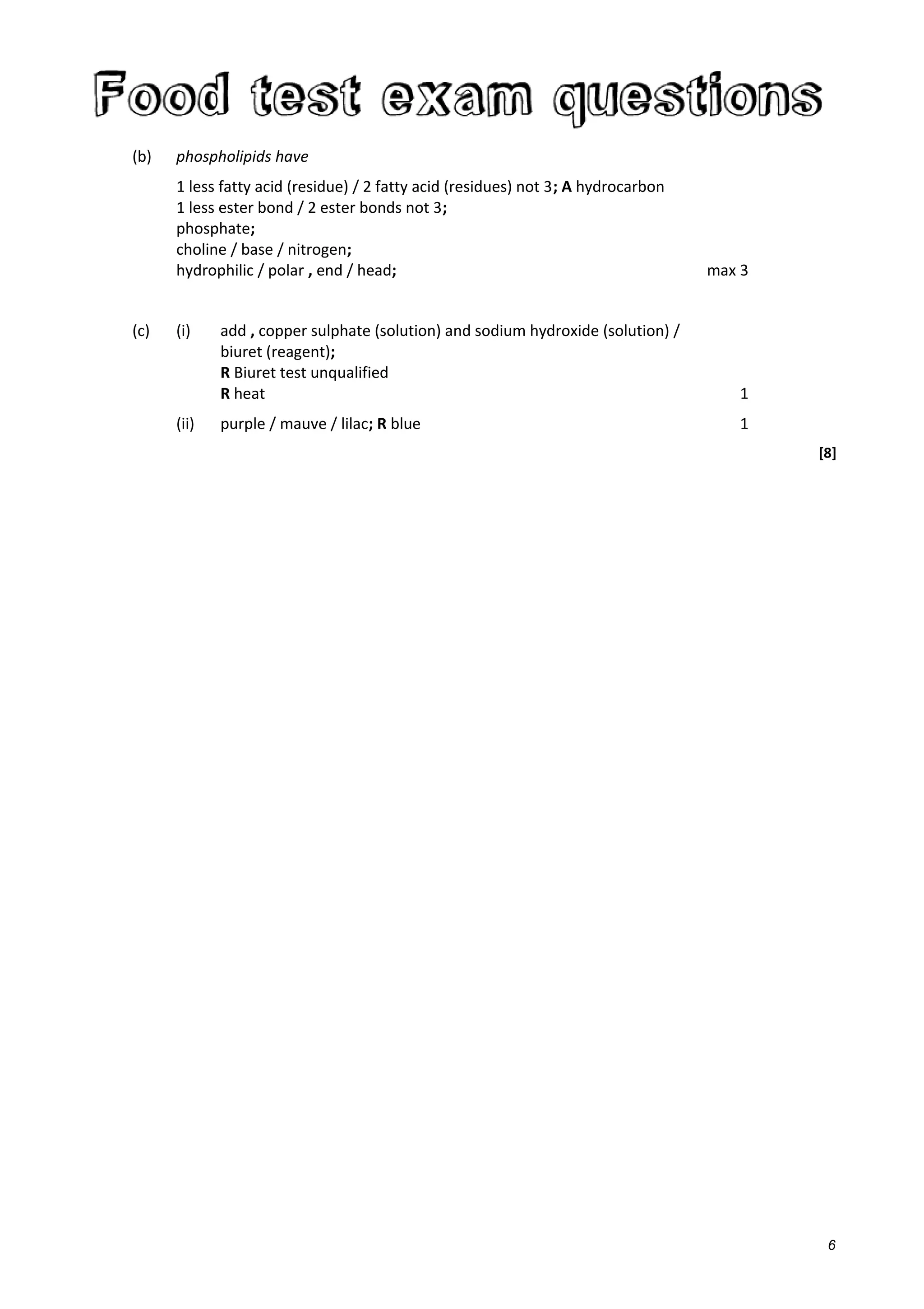 Food tests exam questions and mark scheme | RTF