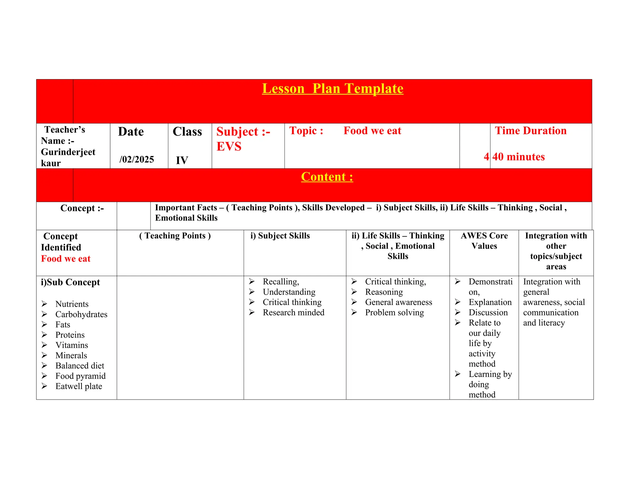 class 4 evs food we eat lesson plan.docx