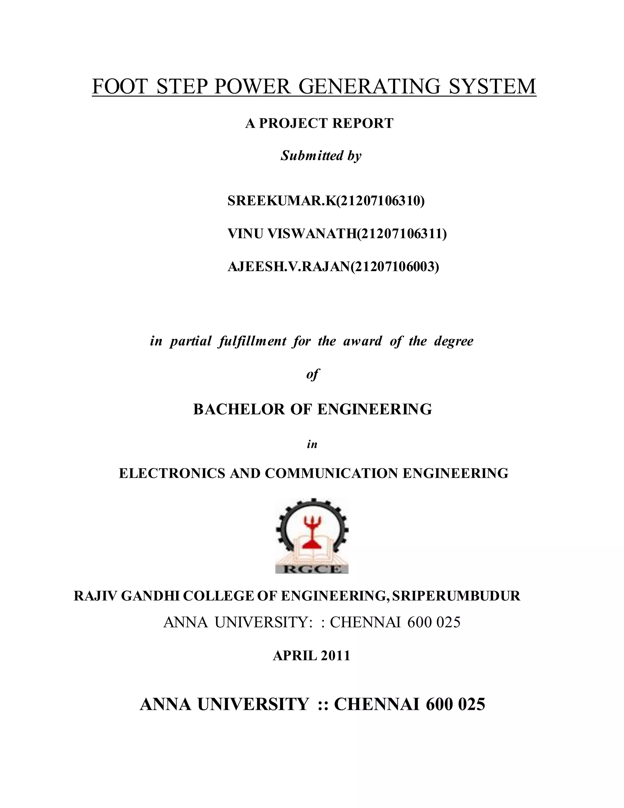 Foot step power generating system | DOCX