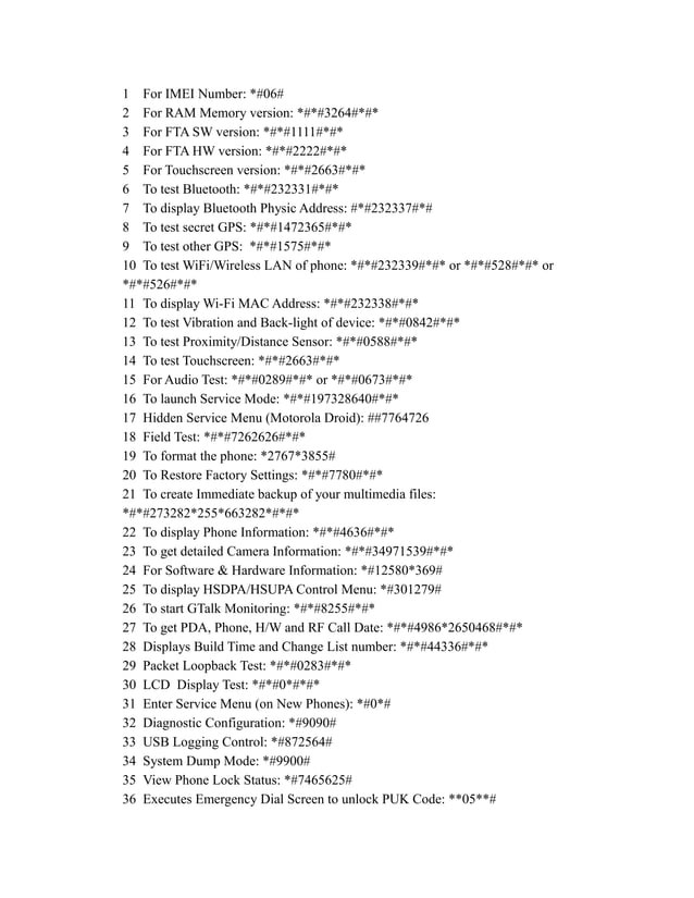 Android phones secret codes ... | DOC