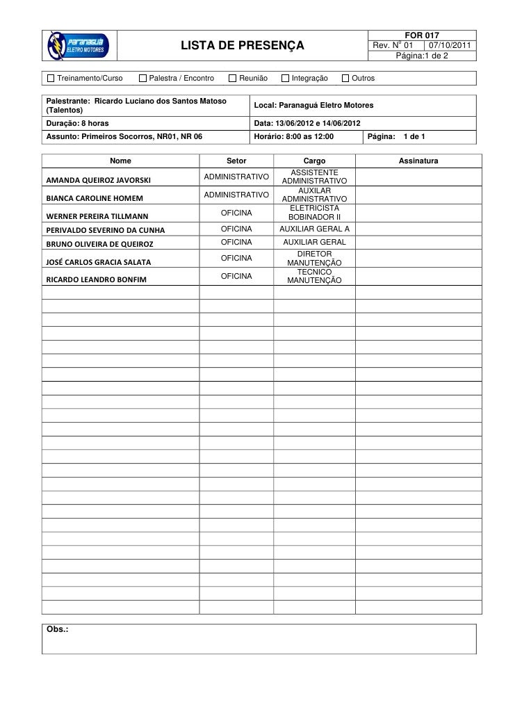 For 017 lista de presença