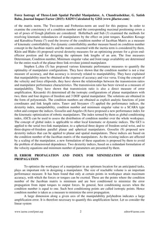 Force isotropy of three limb spatial parallel manipulator | PDF