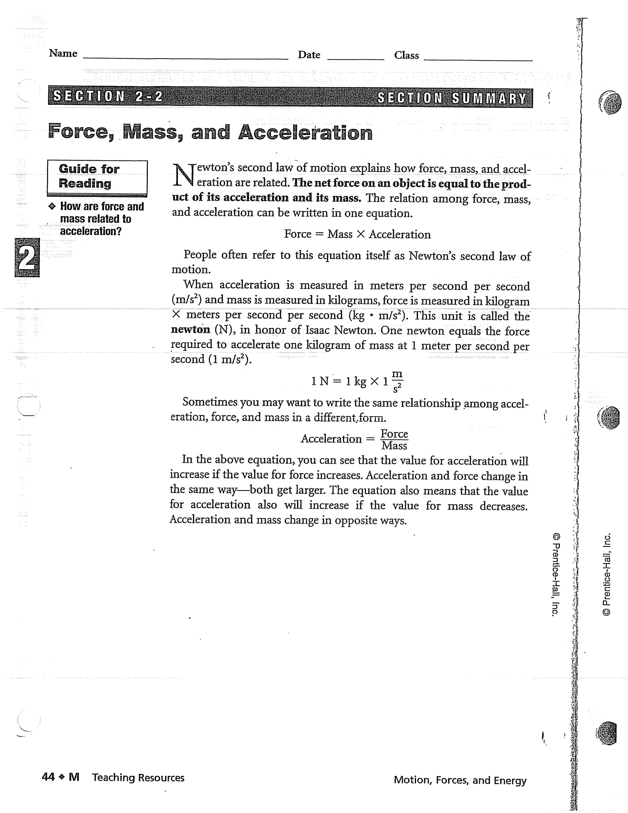 Force, mass, and acceleration | PDF