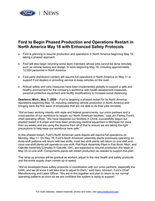 Ford to Begin Phased Production and Operations Restart | PDF