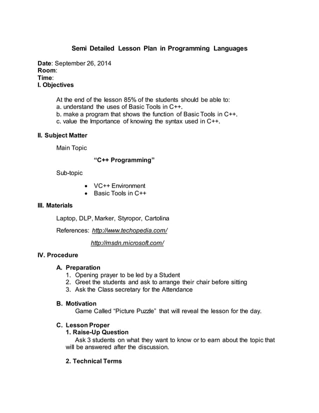 Semi Detailed Lesson Plan in Programming Languages | DOCX | Programming ...