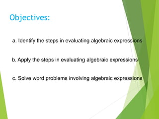 evaluating algebraic expression | PPT