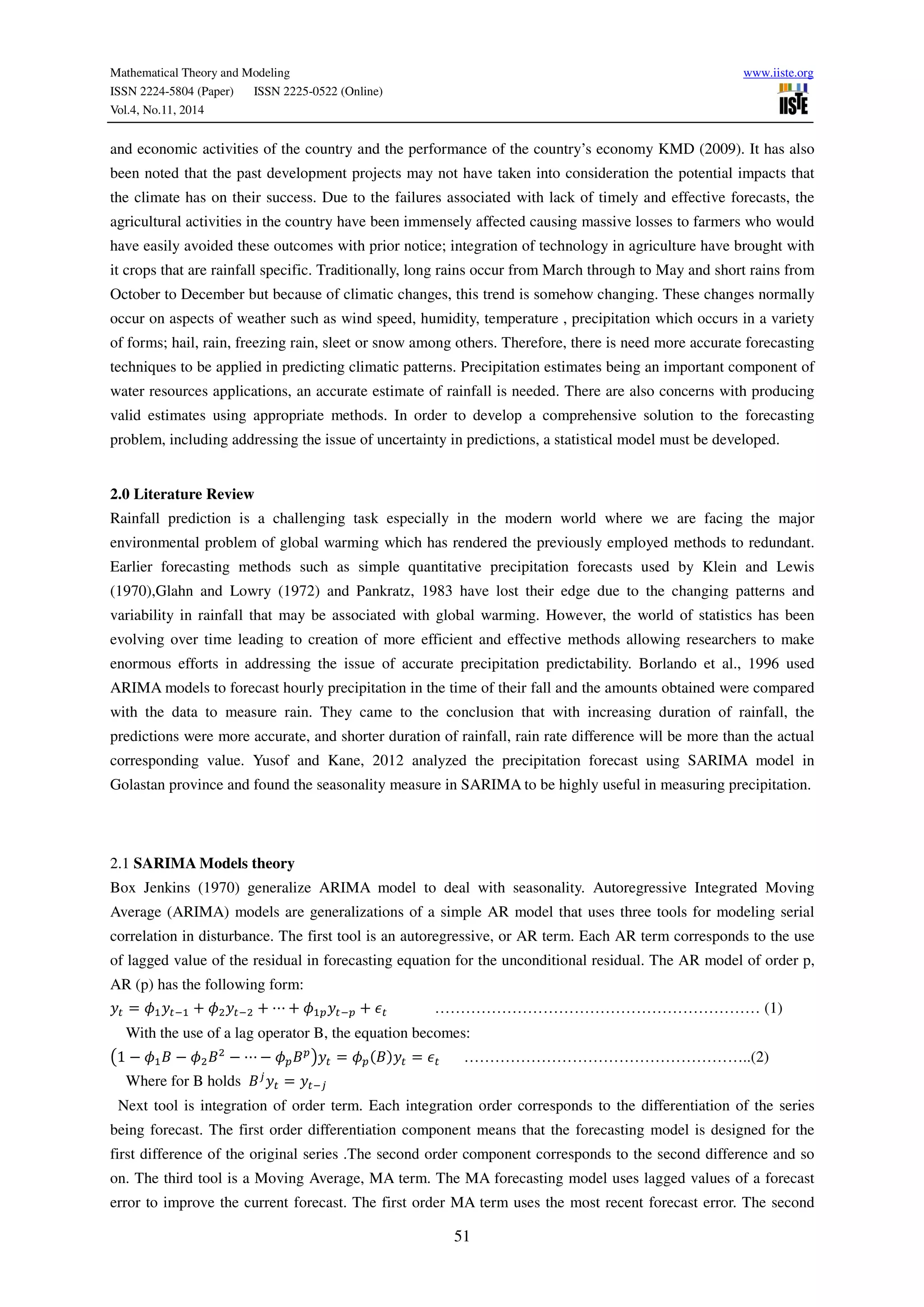 Forecasting Precipitation Using Sarima Model Pdf Weather Science