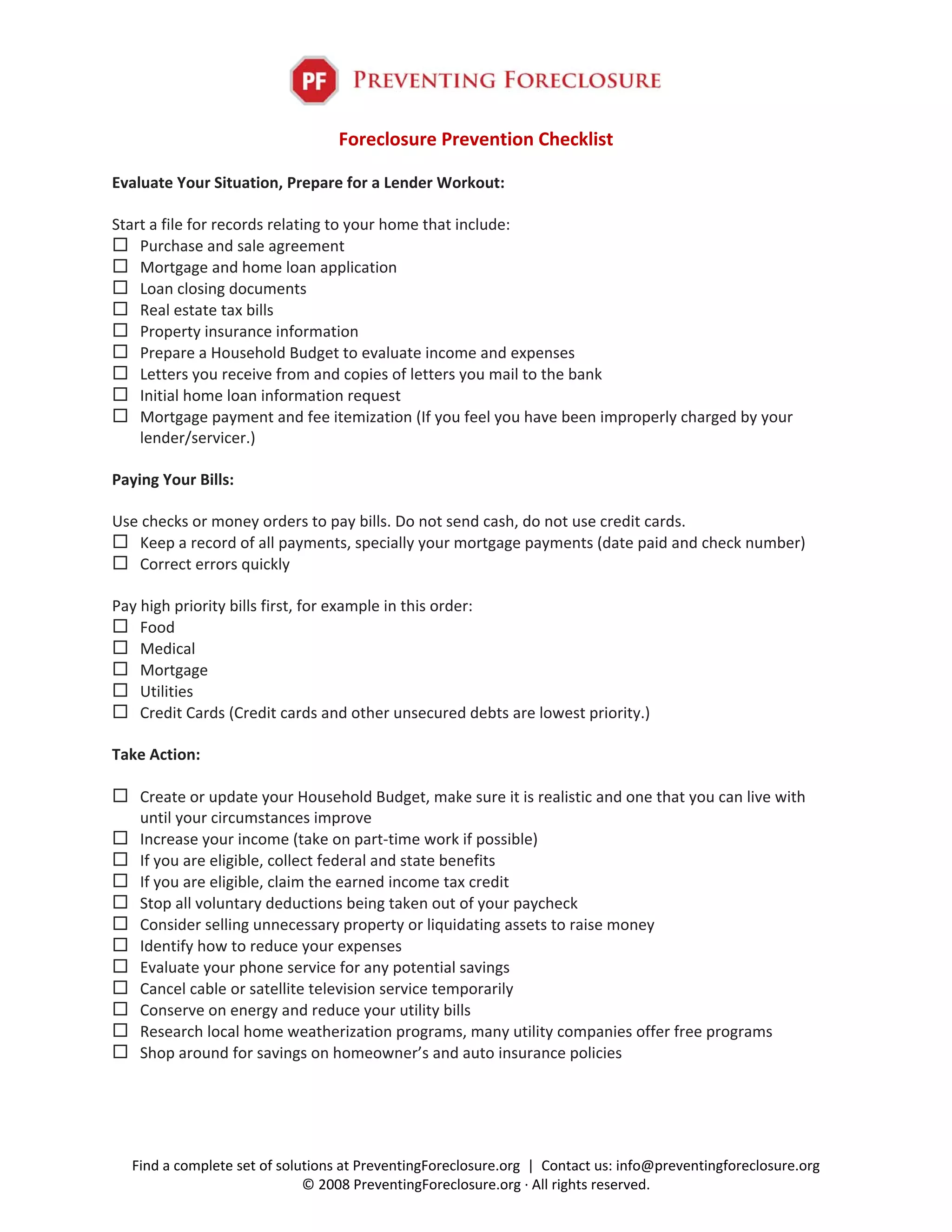 Foreclosure prevention checklist | PDF
