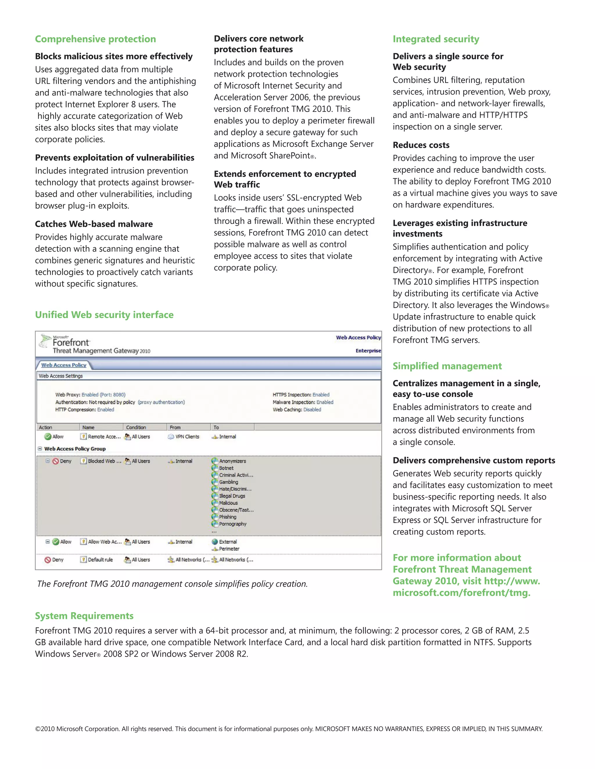 Microsoft Forefront - Threat Management Gateway 2010 Datasheet | PDF
