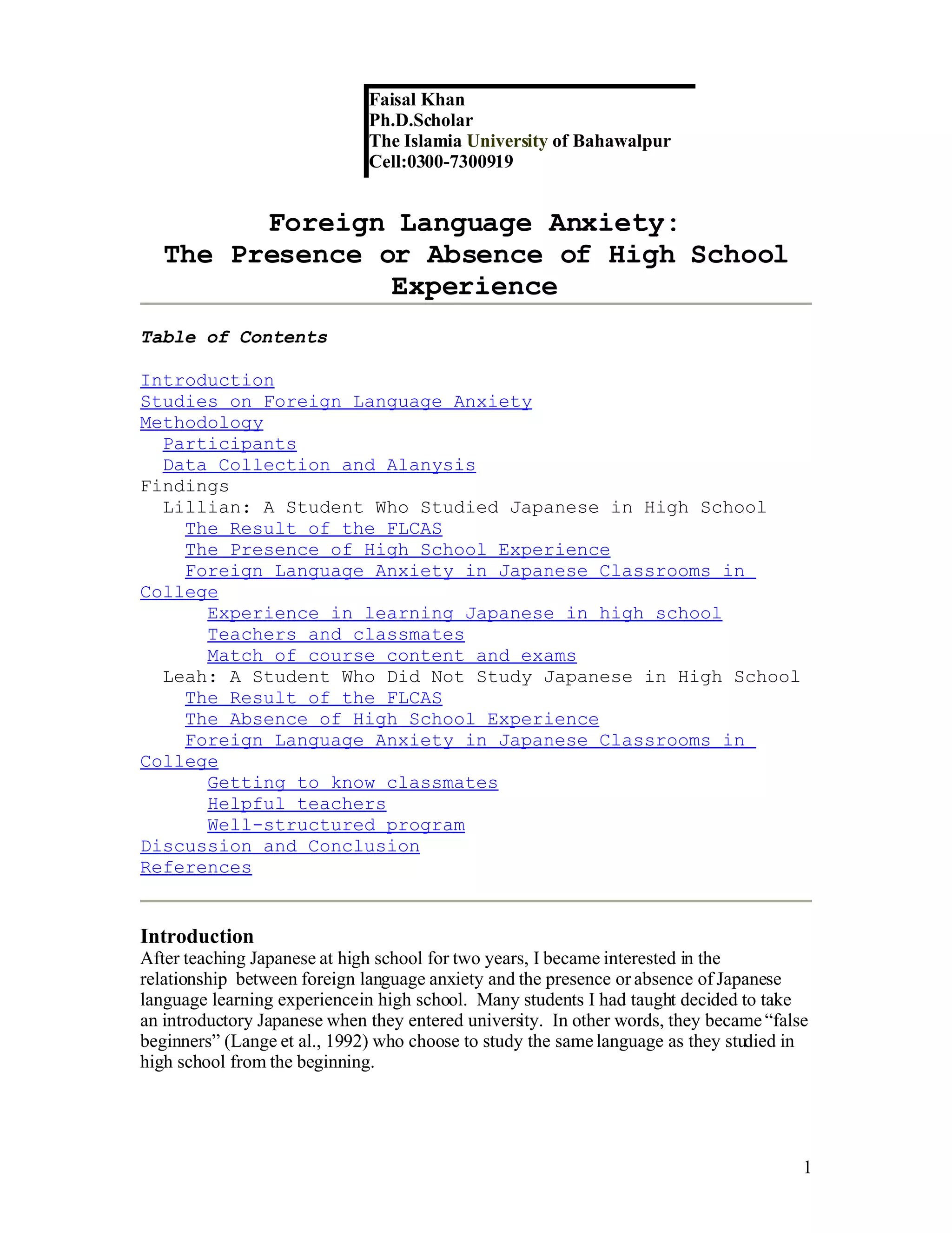 Foreign Language Anxiety | DOC