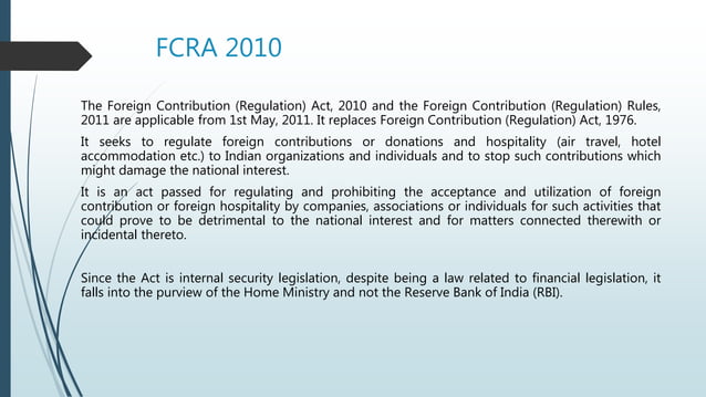 Foreign Contribution Regulation Act (FCRA)1976.pptx | Personal Taxes ...