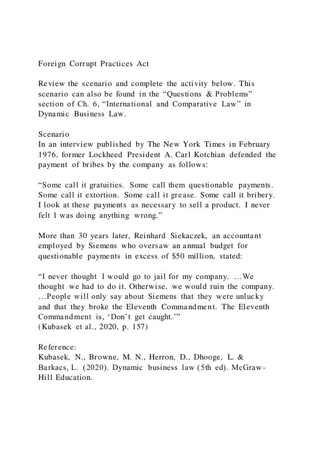 Foreign Corrupt Practices ActReview the scenario and complete | PDF