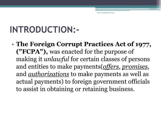 Foreign corrupt practises act(fcpa) | PPT