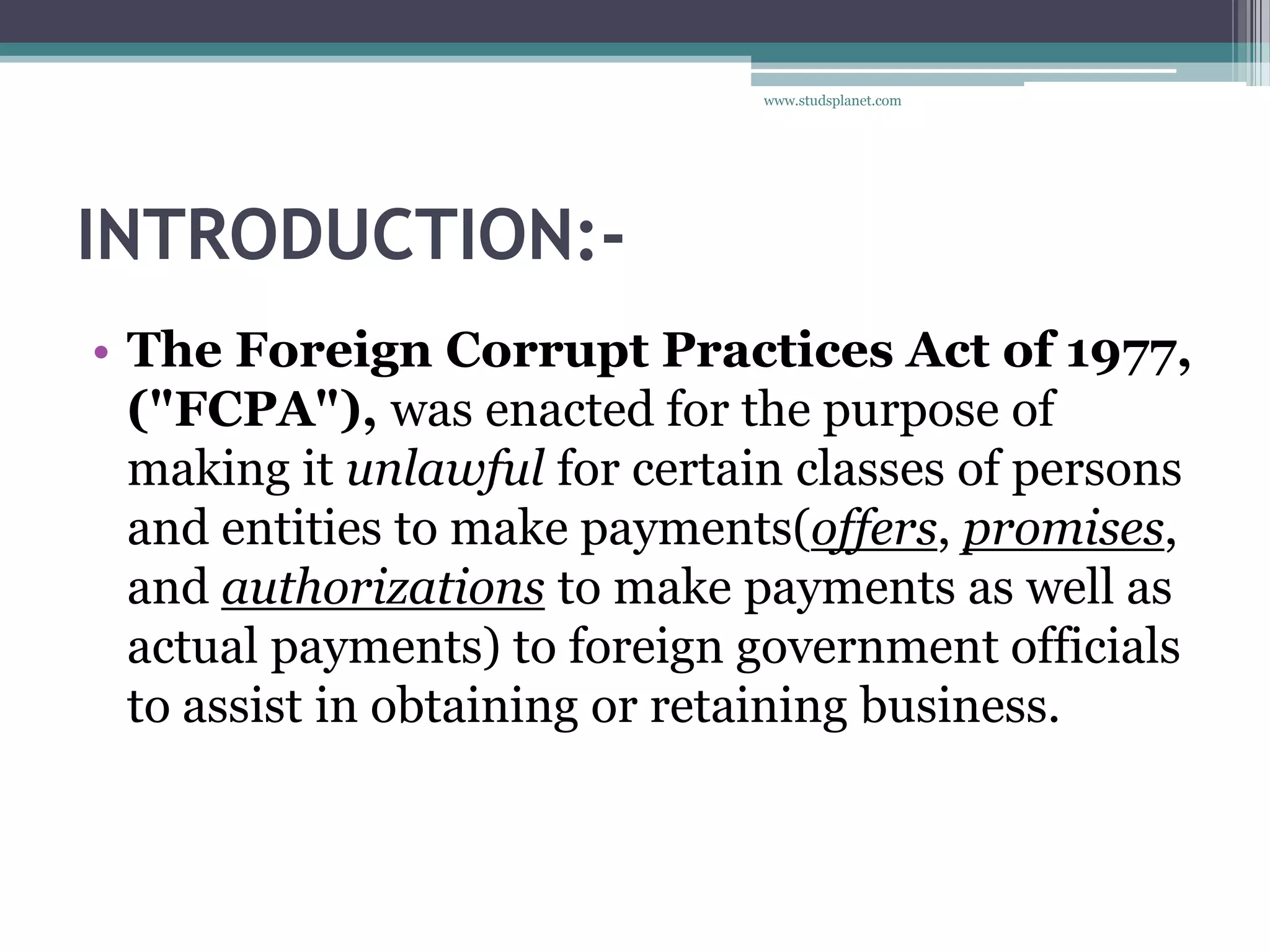 Foreign corrupt practises act(fcpa) | PPT
